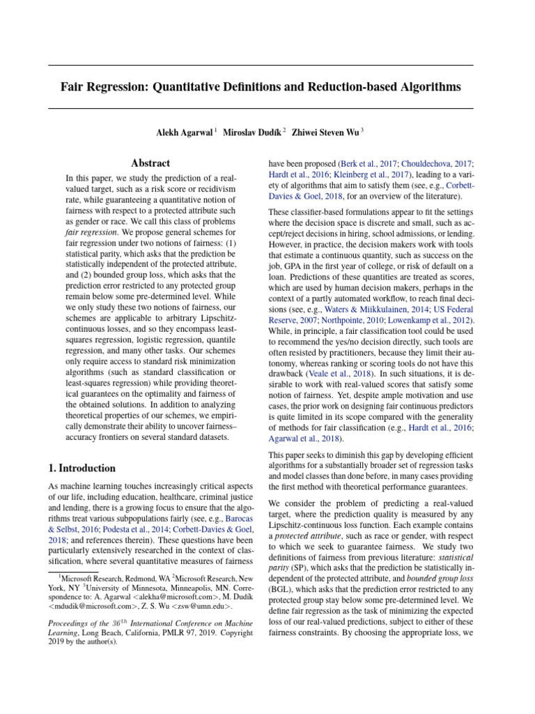 Fair Regression: Quantitative Definitions and Reduction-Based ...