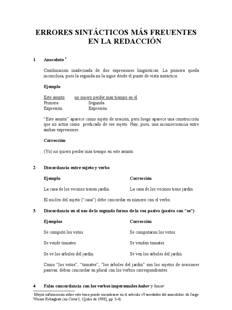 Errores Sintácticos | PDF | Asunto (gramática) | Verbo