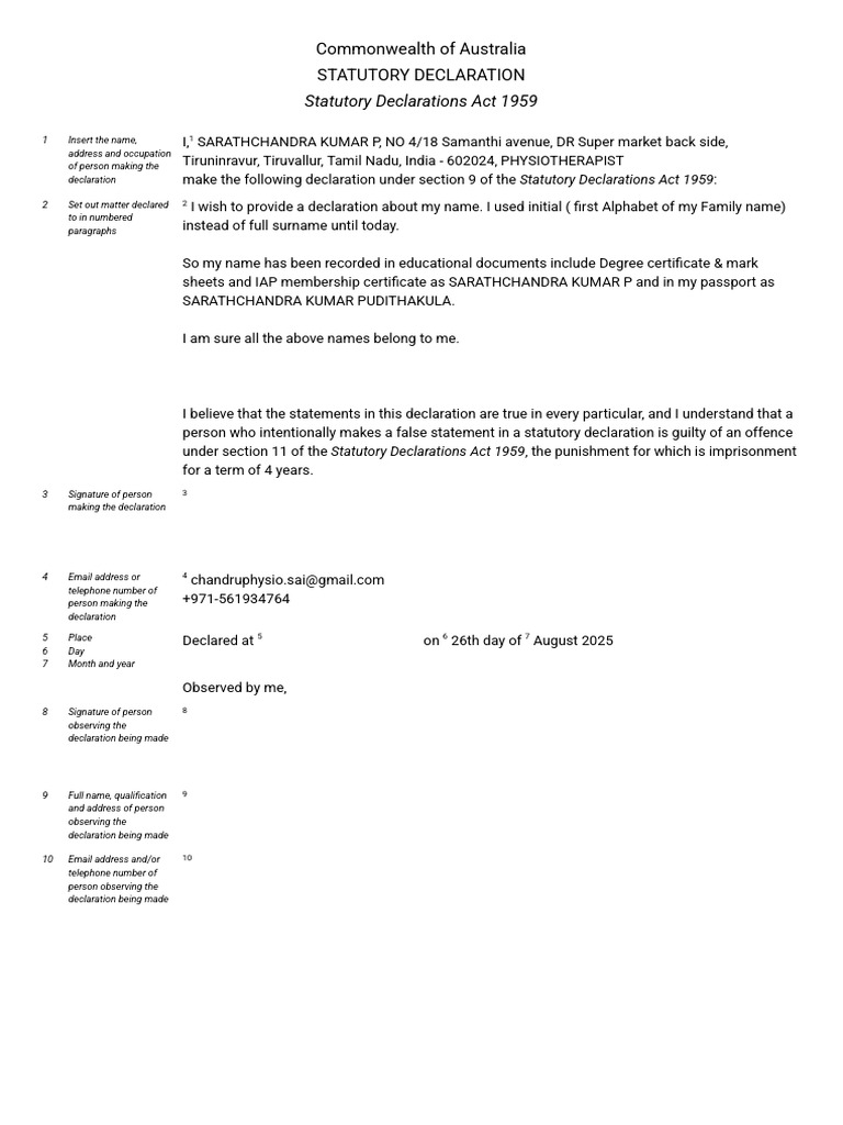 Statutory Declaration by Sarathchandra Kumar P | PDF | Justice Of The ...