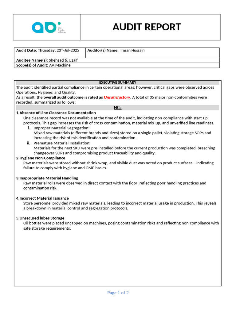 Audit Report-AA Machine | PDF