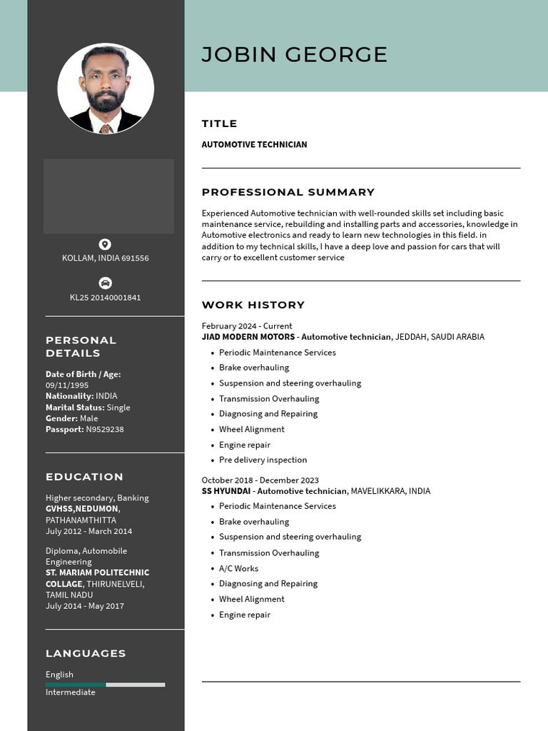 Jobin George - Auto Technician | PDF | Auto Mechanic | Car