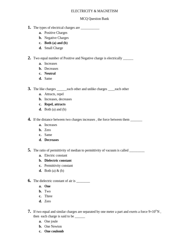 Chp2 - Electricity and Magnetism MCQ | PDF | Electric Current ...