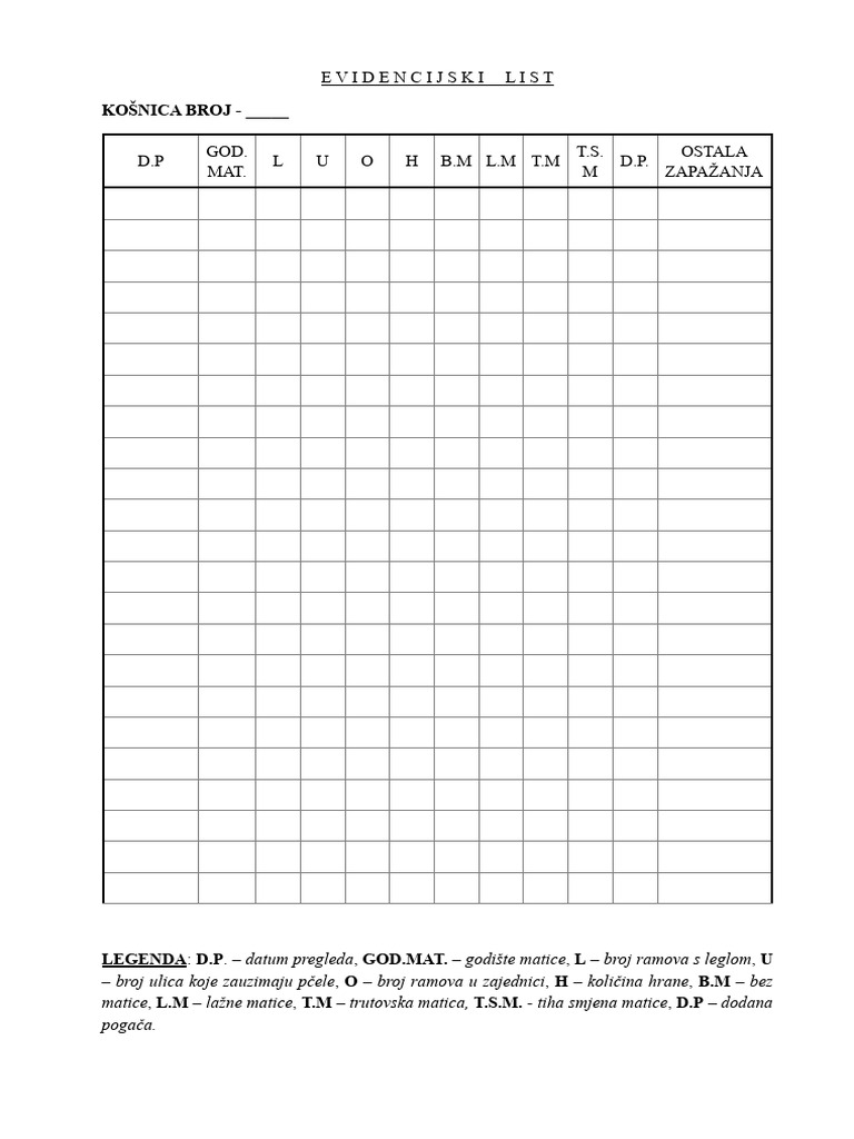 Pčelarski Evidencijski List | PDF