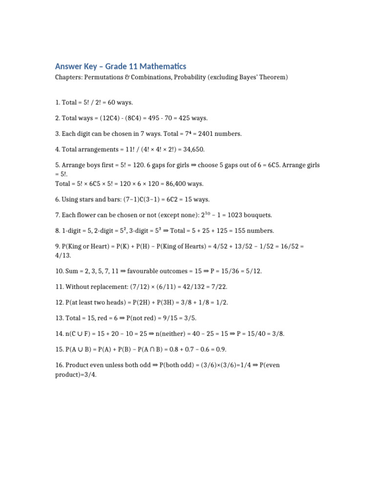 Grade 11 Math Answer Key: Probability & Combinations | PDF
