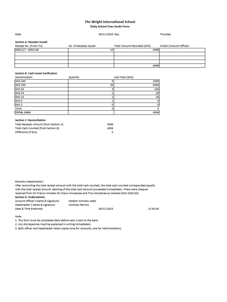 School Fees Audit Form (06!11!25) | PDF | Money | Currency