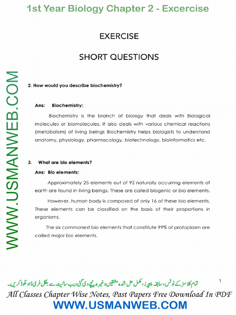 1st Year Biology Chapter 2 Exercise | PDF