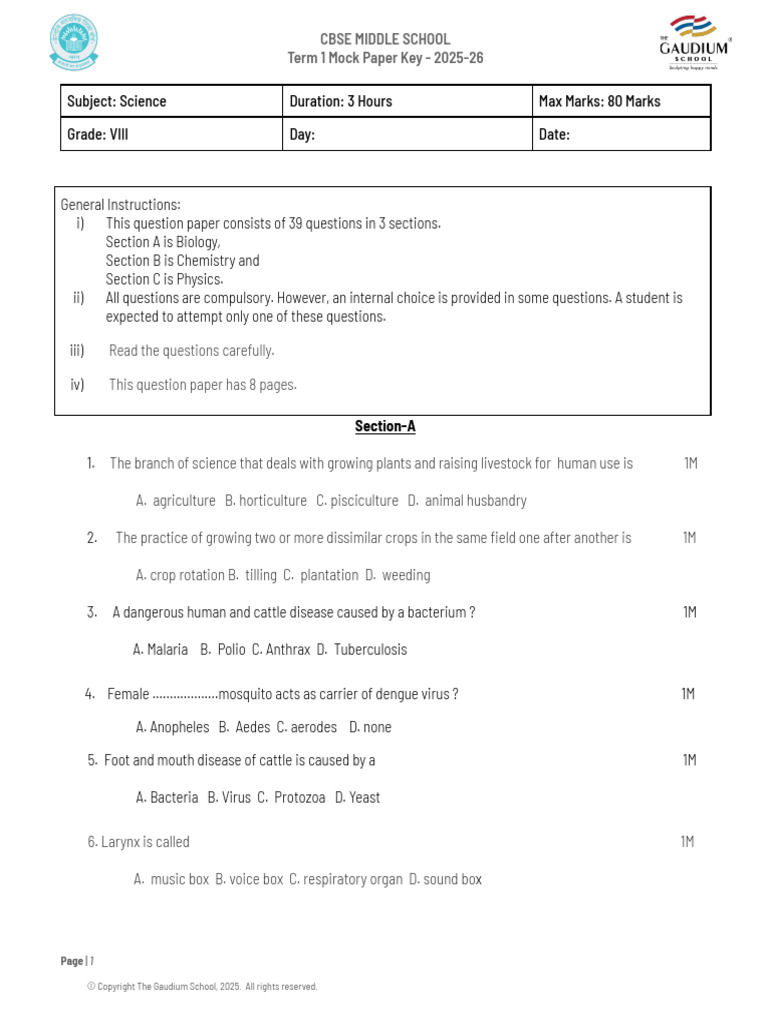 Final Term-Exam-1-Class VIII - Science Mock Paper | PDF | Force | Zinc