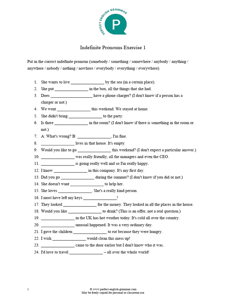 Indefinite Pronouns Practice Exercise | PDF | Chess Openings | Chess