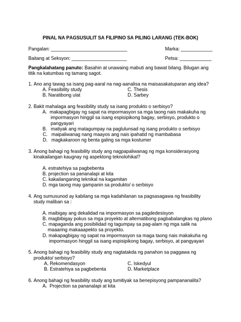 Gabay Ng Guro-pinal Na Pagsusulit Sa Filipino Sa Piling Larang ( Tek-bok ) With Tos | PDF