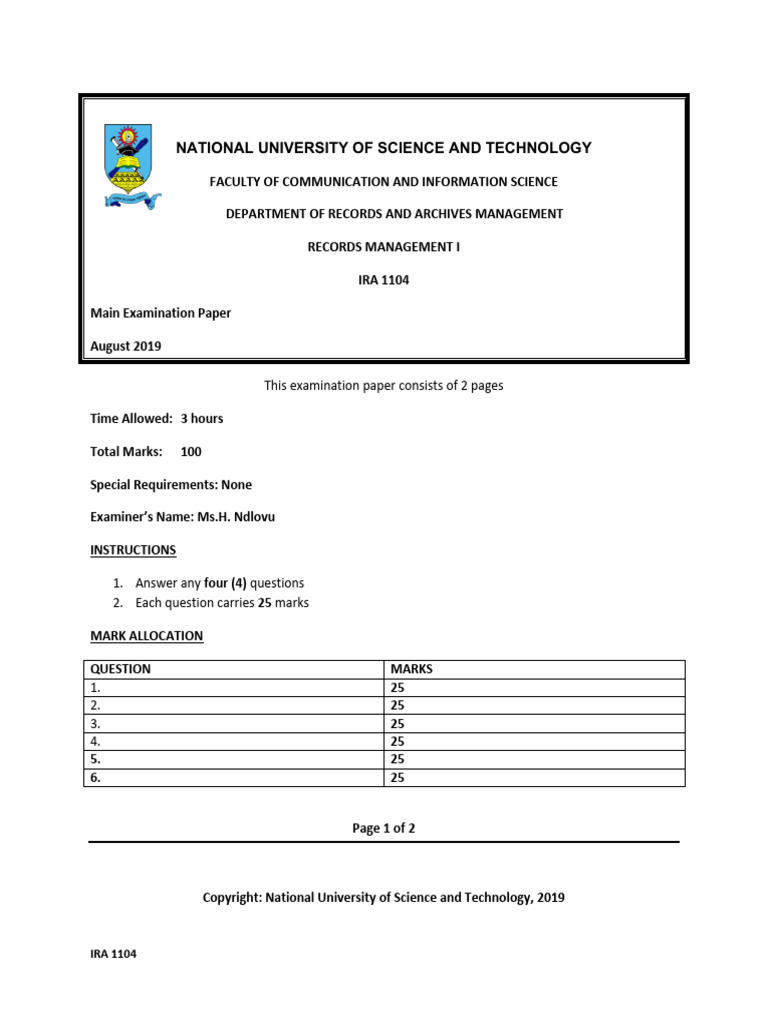 IRA 1104 Exam - 2019 Records Management | PDF