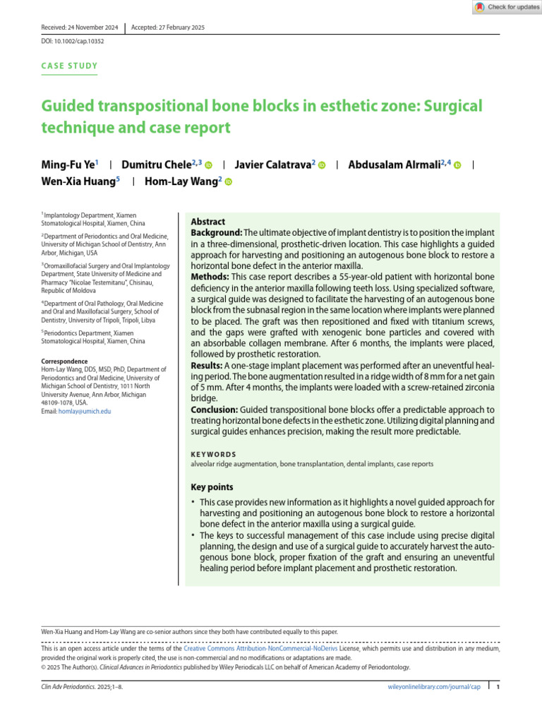Clin Adv Periodontics - 2025 - Ye - Guided Transpositional Bone Blocks ...