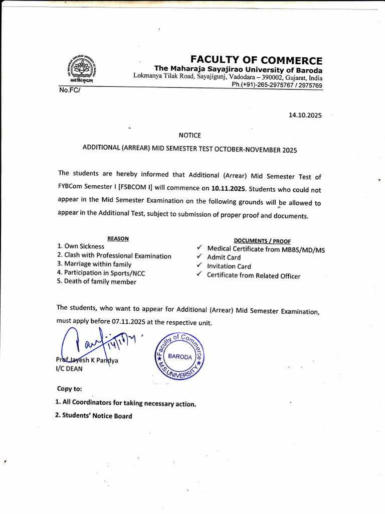 Fybcom Arrear Test Notice and Time Table | PDF