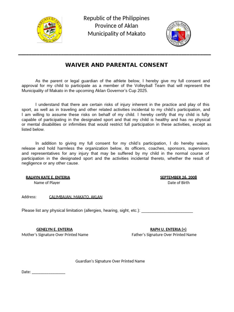 Waiver and Parental Consent | PDF | Legal Guardian | Consent