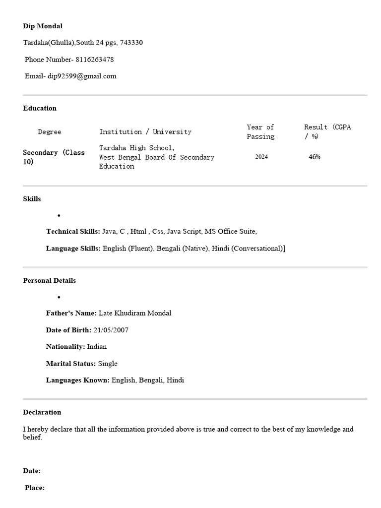 Resume of Dip Mondal - Student Profile | PDF