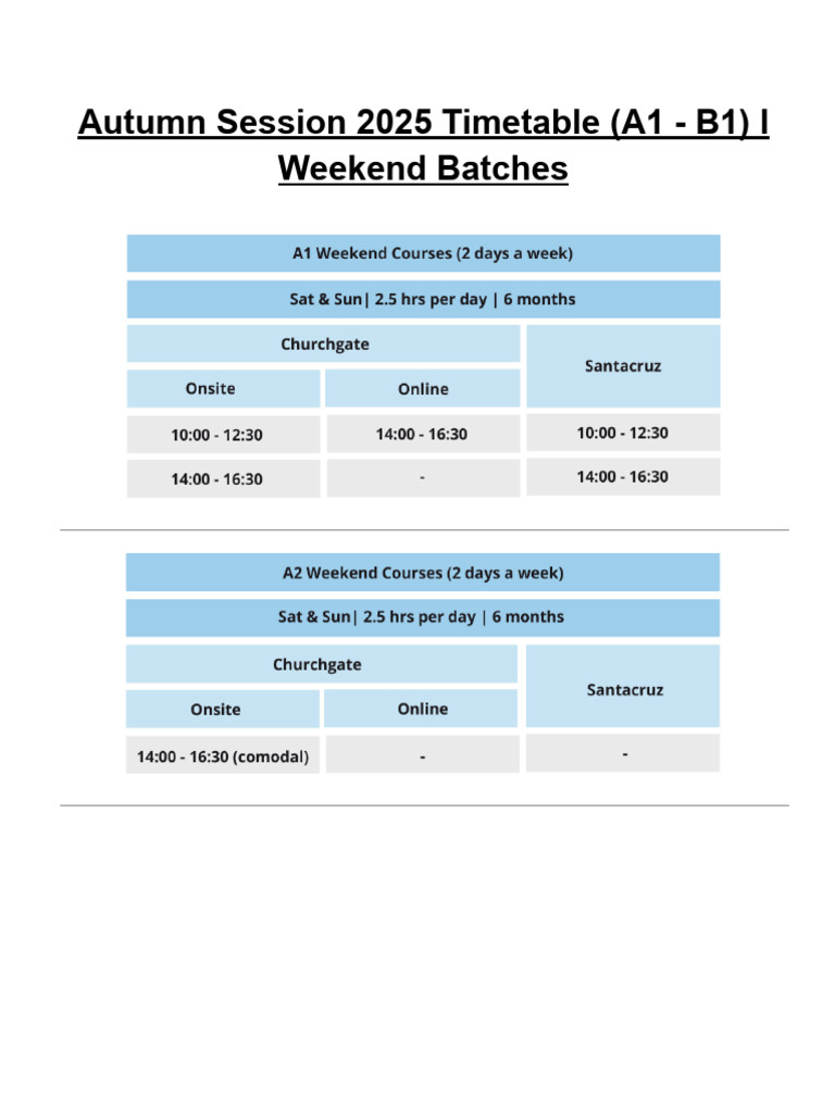 Autumn Session 2025 Timetable A1 B1 L Weekend Batches | PDF