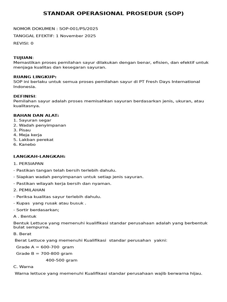 SOP Pemilahan Sayur PT Fresh Days | PDF