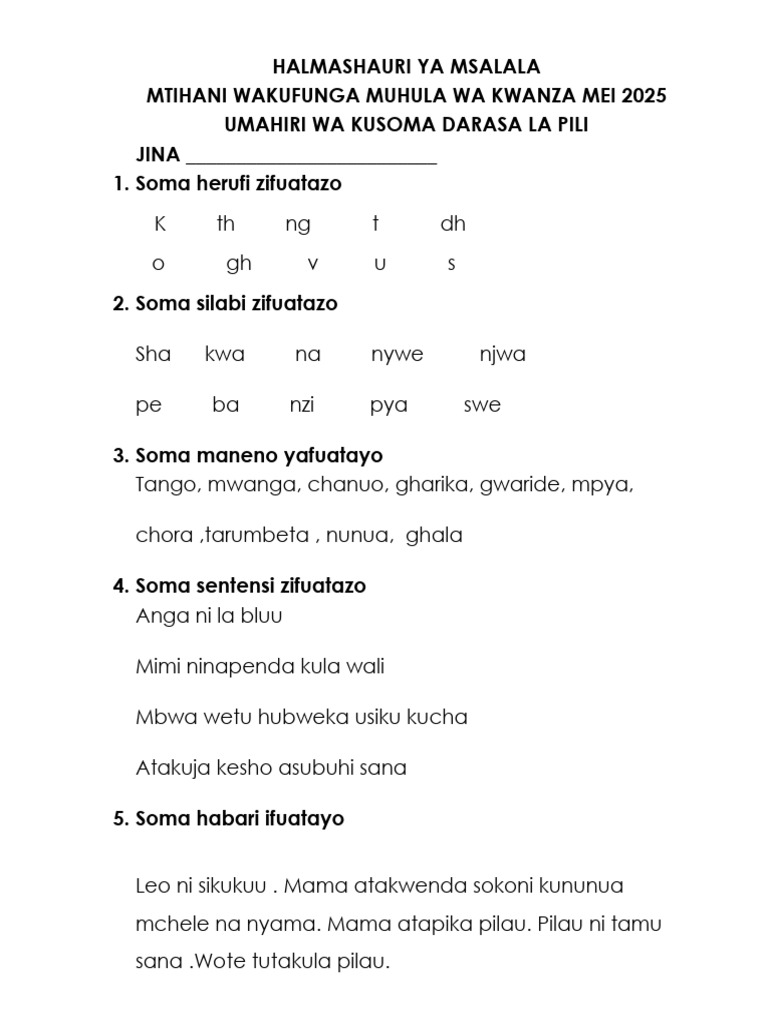 Kusoma Drs II Swah Medium | PDF