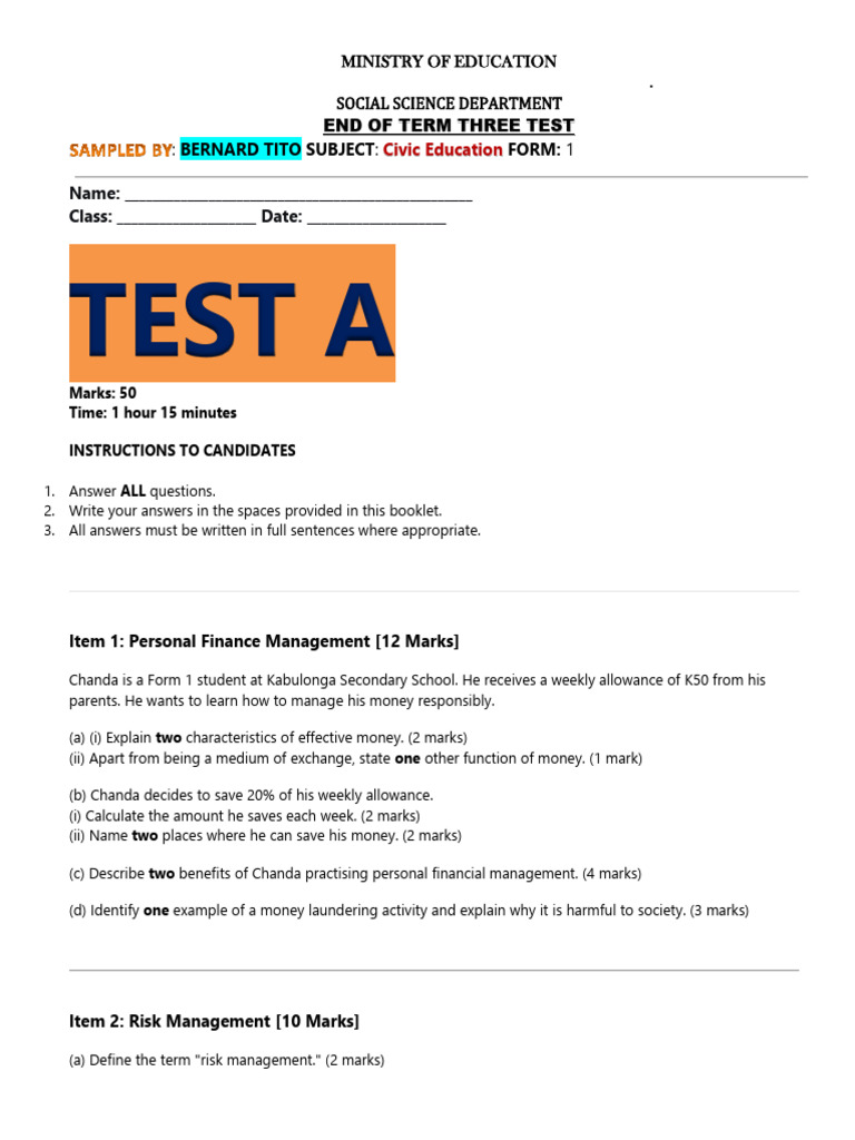 Form 1 Civic Education End-of-Term Test | PDF | Entrepreneurship | Risk