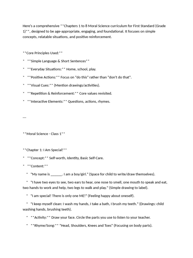 Grade 1 Moral Science Curriculum | PDF