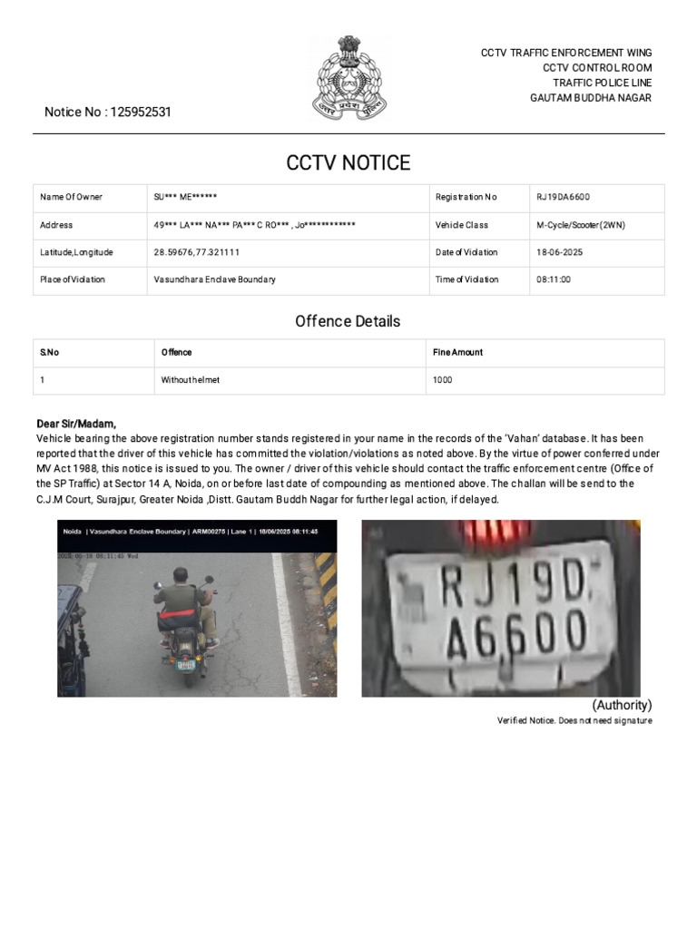 CCTV Traffic Violation Notice for Helmet | PDF