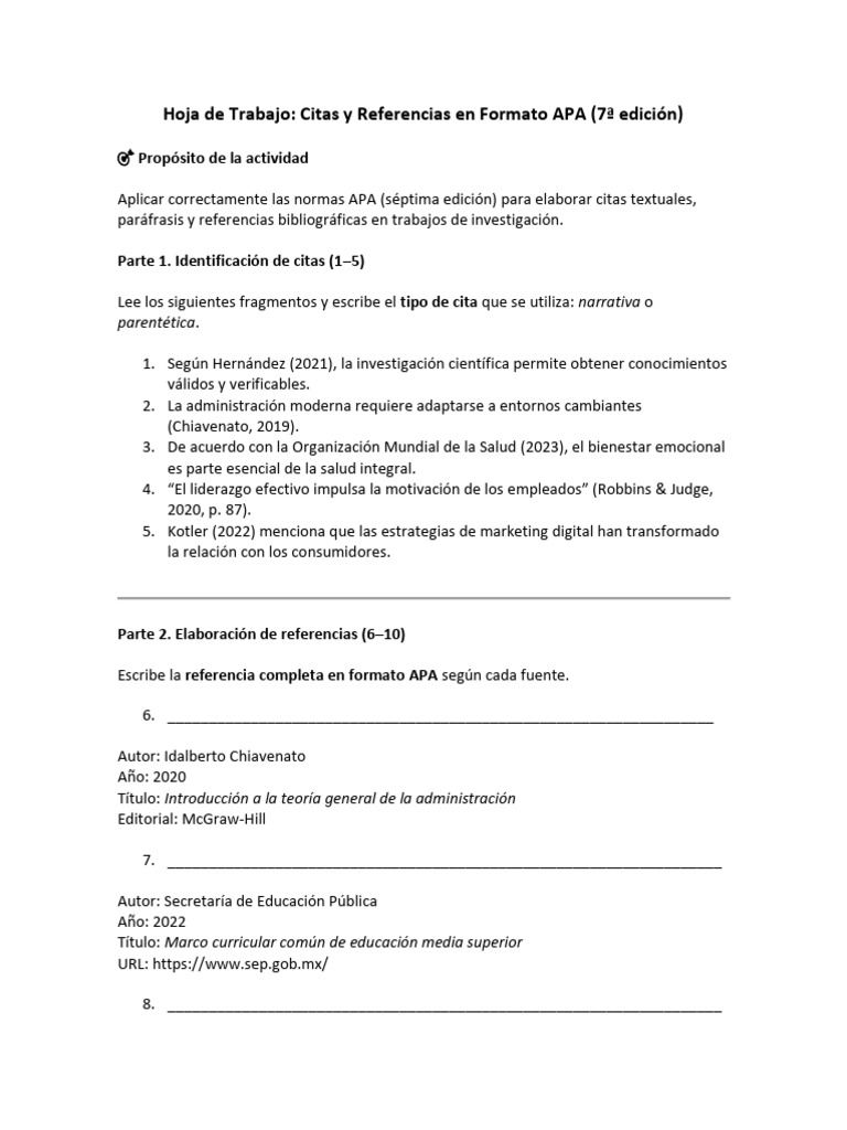 Hoja de Trabajo CITAS Y REFERENCIAS | PDF | Estilo apa