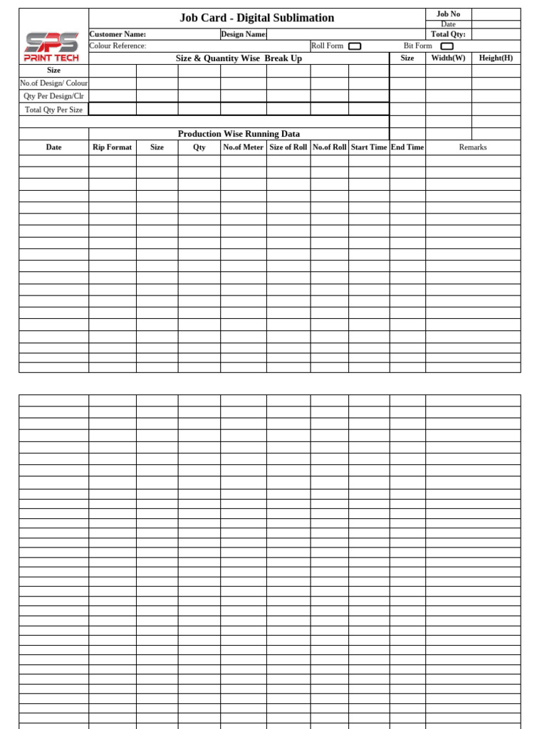 Digital Sublimation Job Card Template | PDF