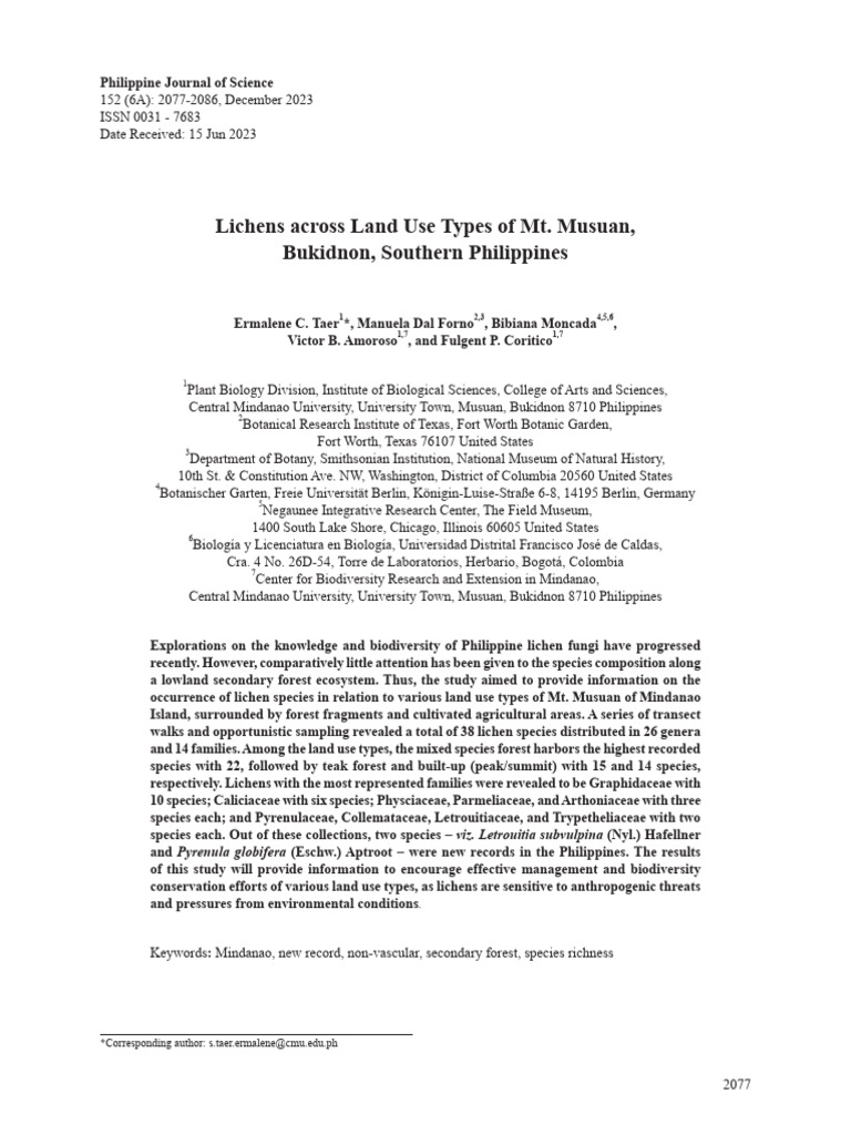Lichens Accross Land Use Types of Mt Musuan Bukidnon Southern ...