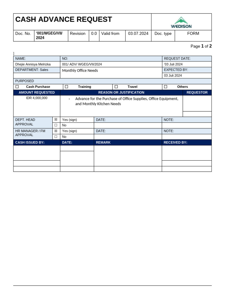 Cash Advance Request Form 2024 | PDF