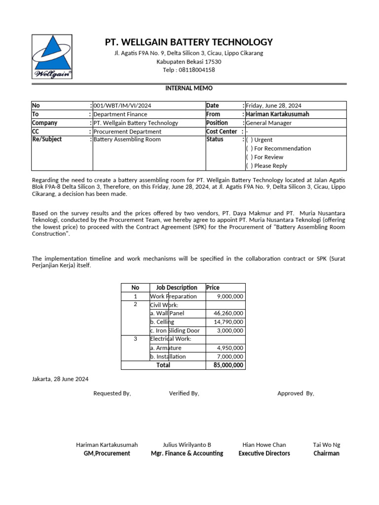 Internal Memo & Contract PT. Muria Nusantara Teknologi | PDF