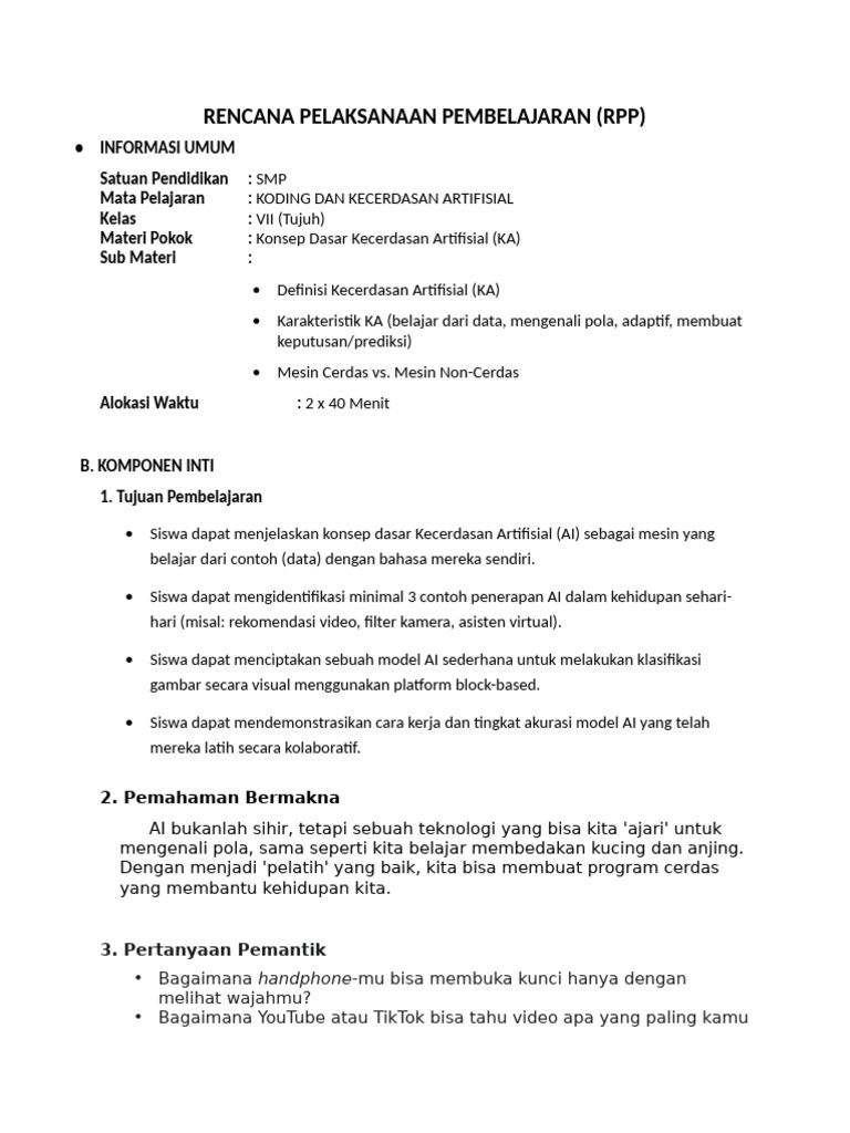 RPP Koding Kecerdasan Artifisial SMP VII | PDF