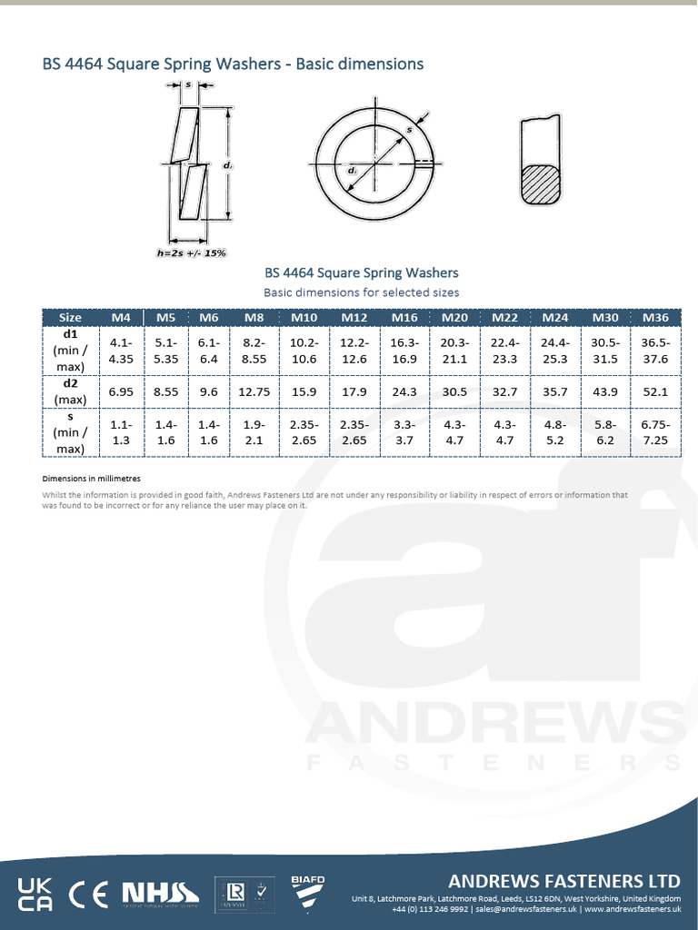BS 4464 Square Spring Washers - Basic Dimensions | PDF