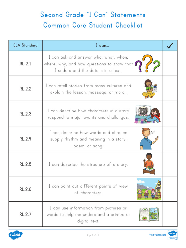 Us C 337 Common Core Aligned Second Grade I Can Statements Checklist ...