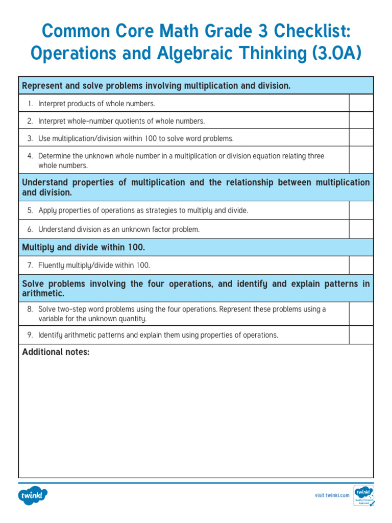 Us C 354 Common Core Math Third Grade Standards Checklist English ...