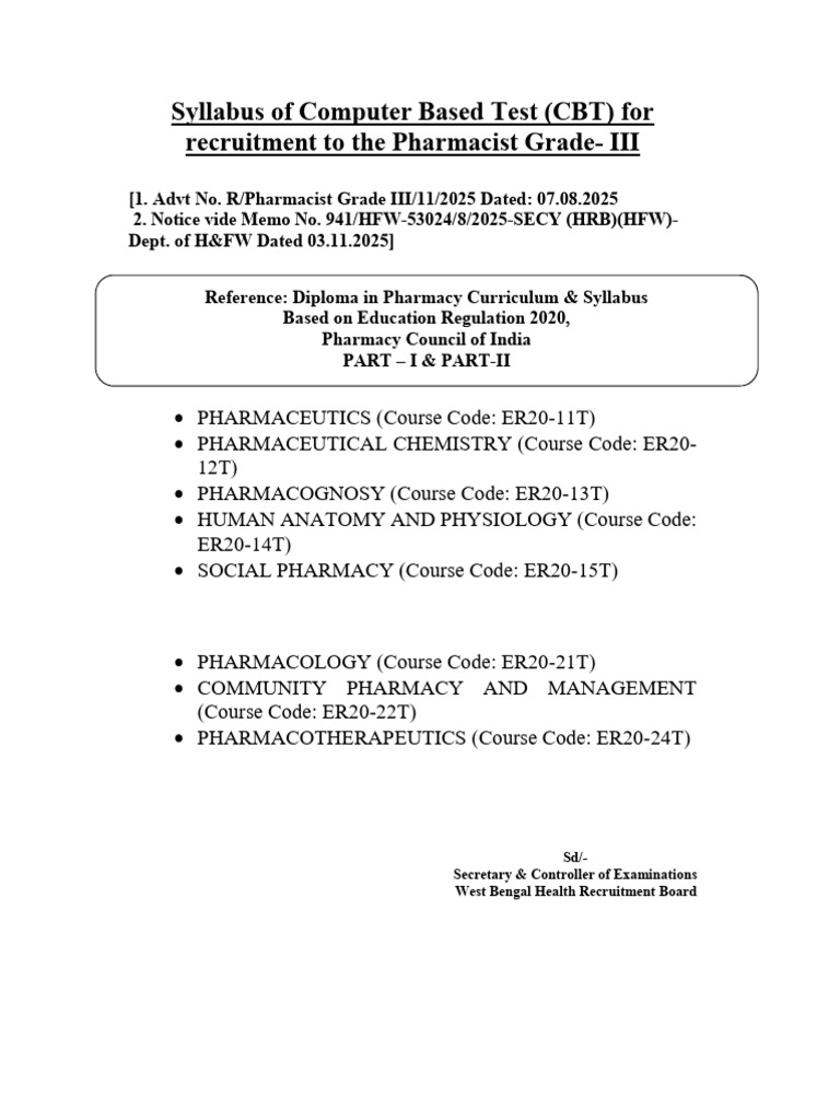 Pharmacist Exam - CBT Syllabus | PDF