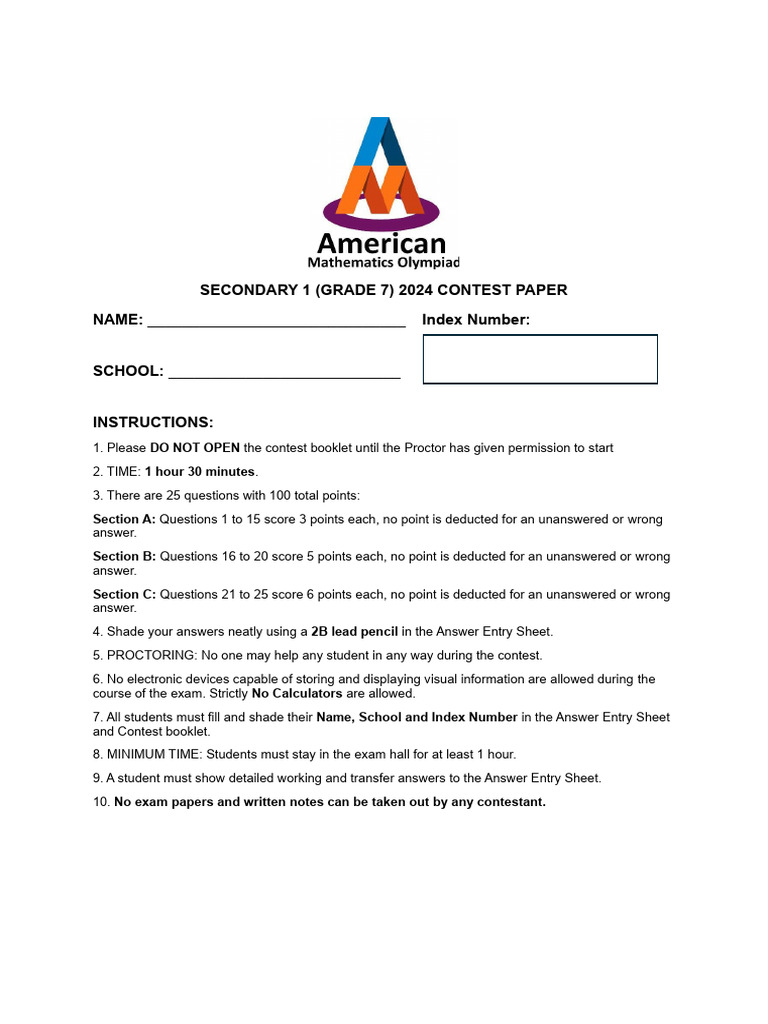 Amo 2024 Secondary 1 Grade 7 Formatted Paper | PDF