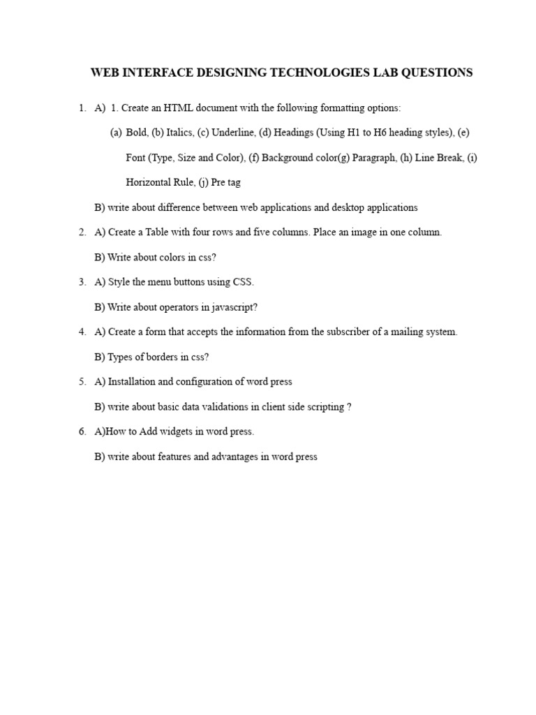 Web Interface Designing Technologies Lab Questions | PDF