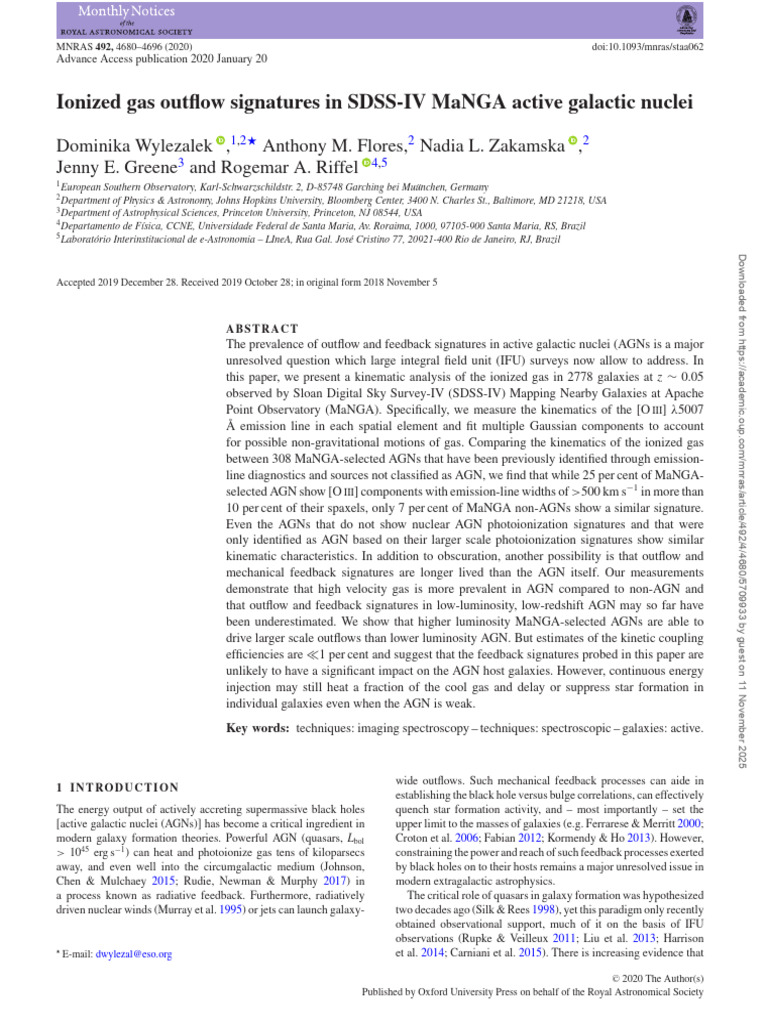 Ionized Gas Outflow Signatures in Sdss-Iv Manga Active Galactic Nuclei | PDF | Galaxy ...