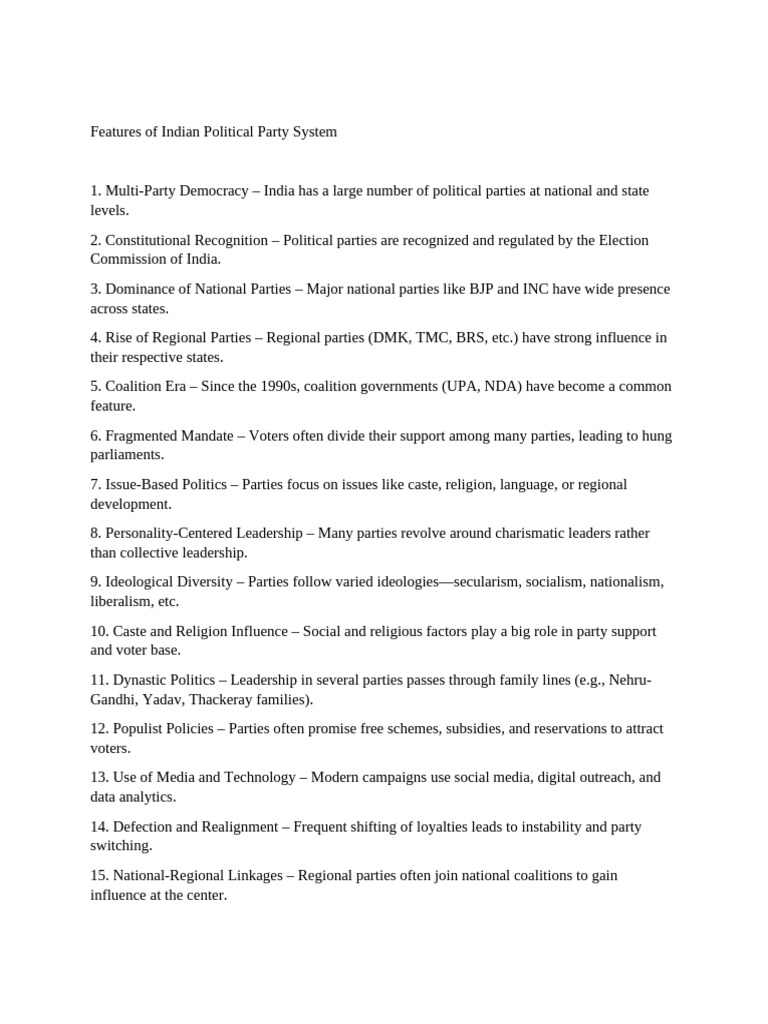 Features of Indian Political Party System | PDF