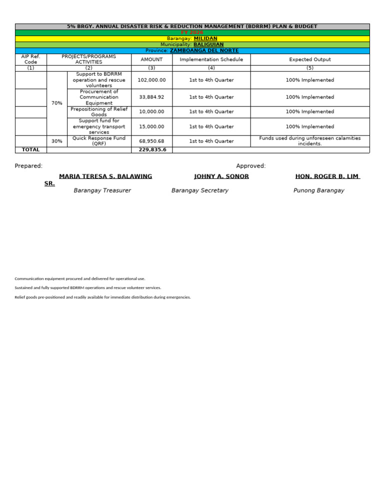 5% Brgy. Annual Disaster Risk & Reduction Management (Bdrrm) Plan ...