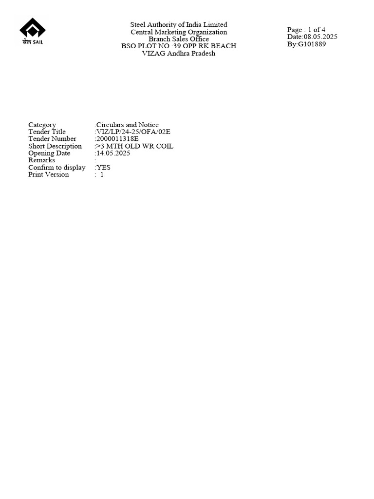 14.05.2025 Bso Vizag WR Coil Ofa11318e - 193356 - 1 | PDF | Auction ...