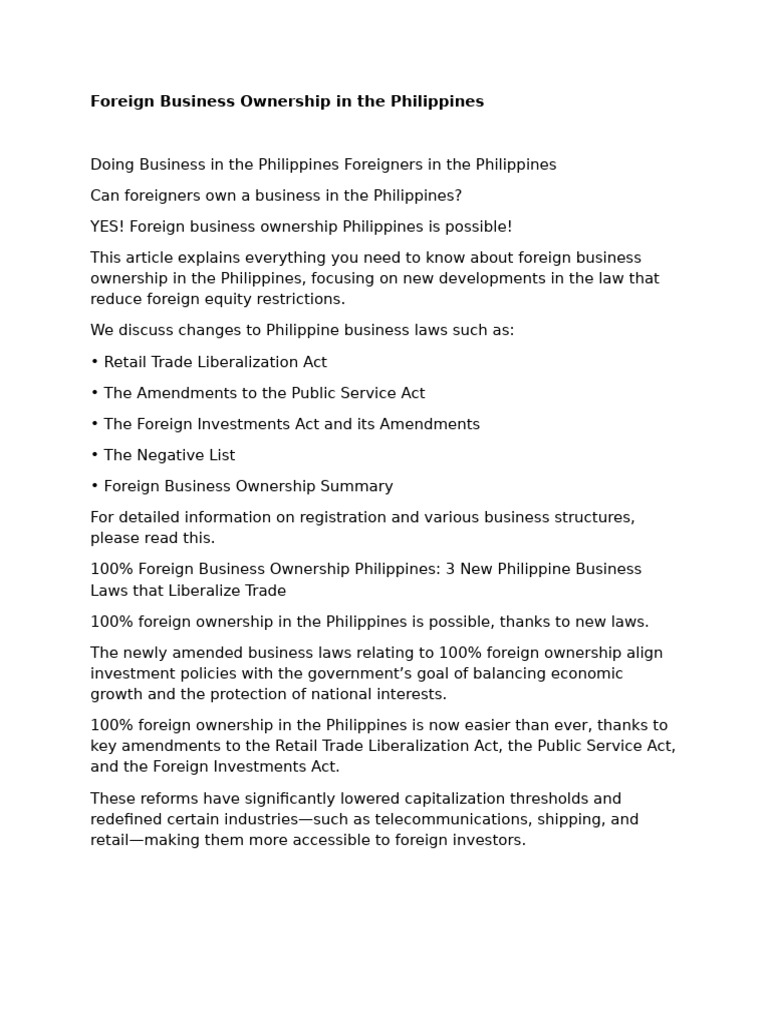Foreign Business Ownership in the Philippines | PDF | Corporations ...