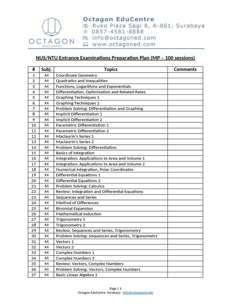 NUS/NTU Exam Prep: 100 Sessions Plan | PDF | Integral | Derivative