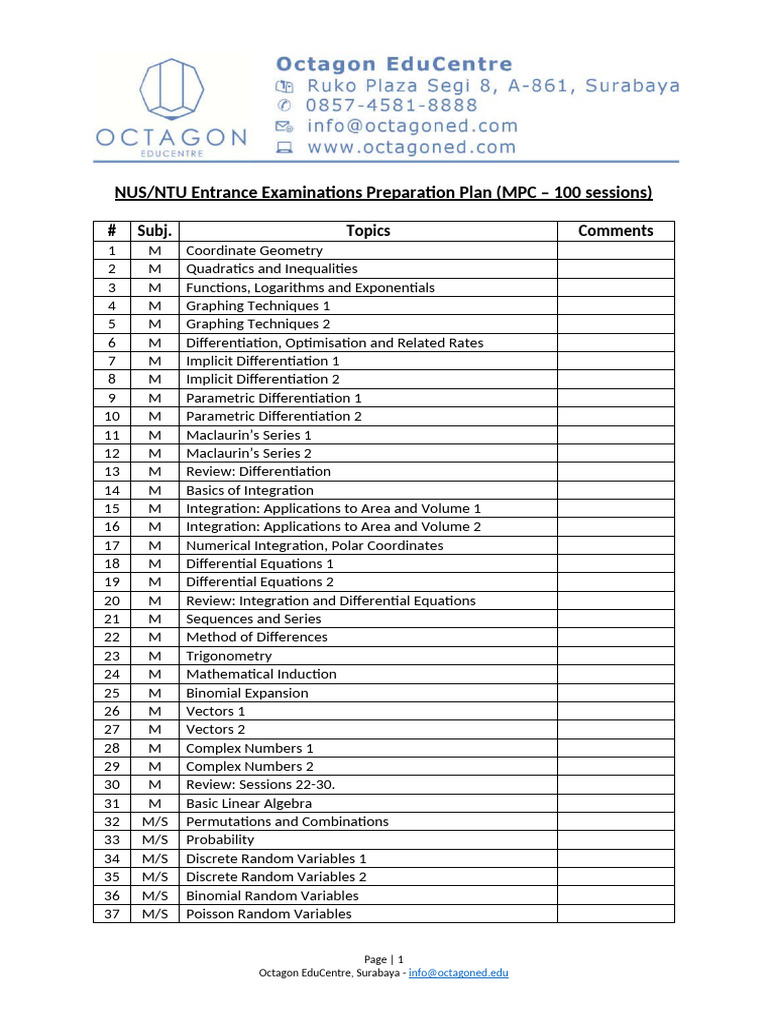 NUS/NTU Exam Prep: 100 Session Plan | PDF | Integral | Equations