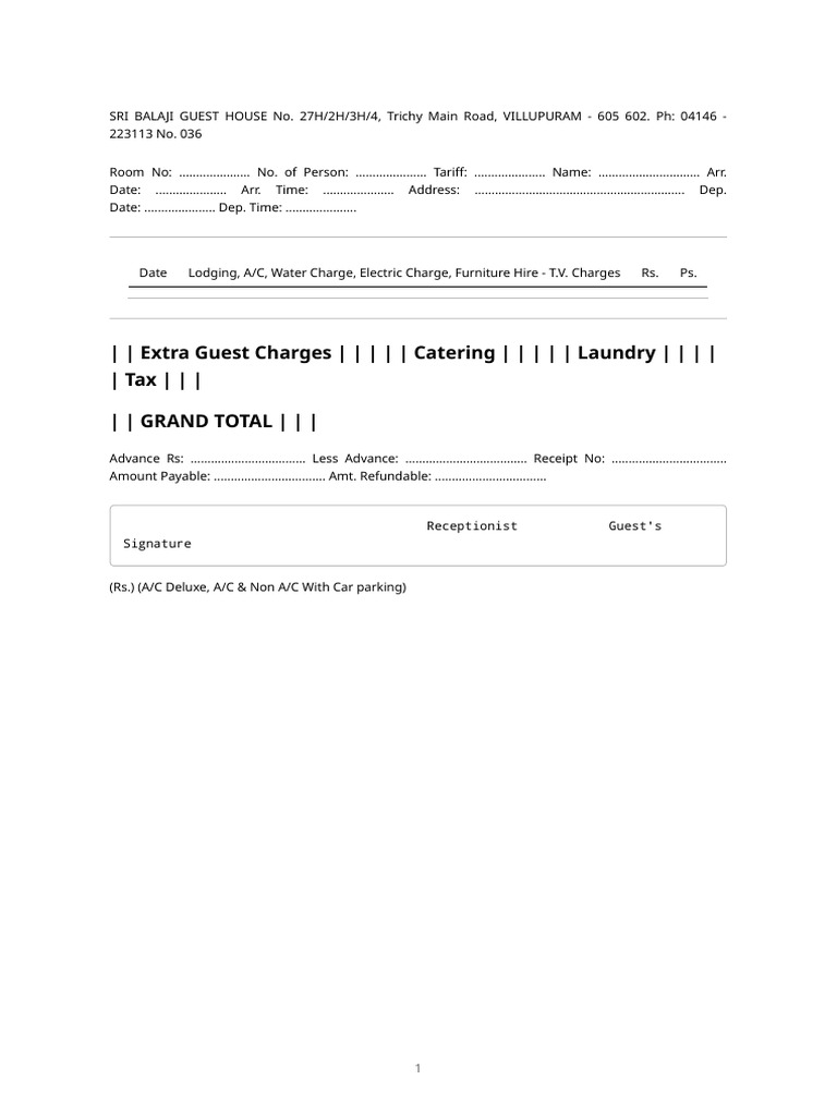 SRI BALAJI GUEST HOUSE Booking Form | PDF