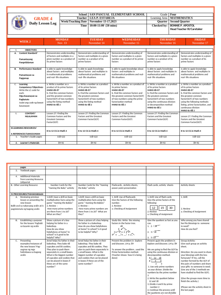Grade 4 DLL Quarter 2 Week 2 (Sir Bien Cruz) - 2 | PDF | Flashcard ...