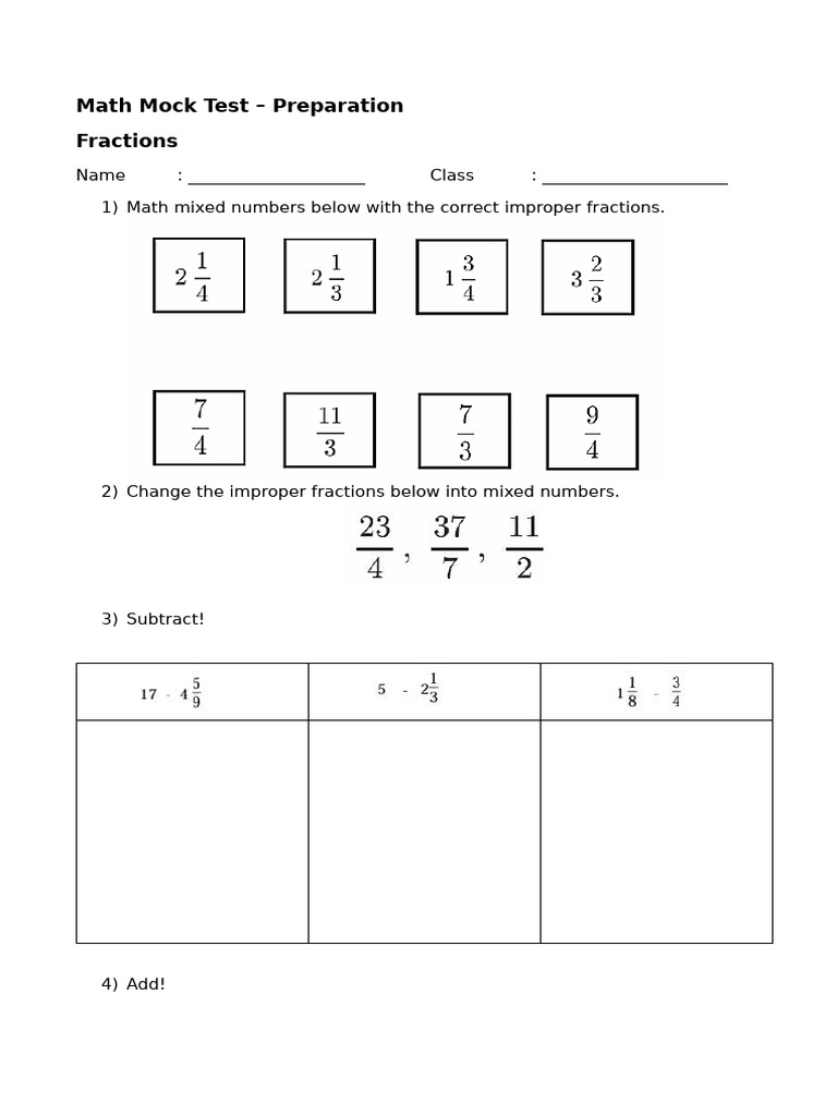 Math Mock Test Fractions Grade 4 | PDF