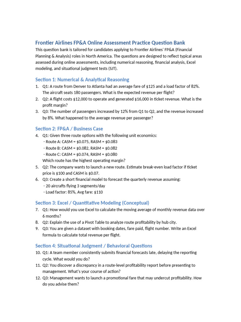 Frontier FP&a OA Question Bank | PDF