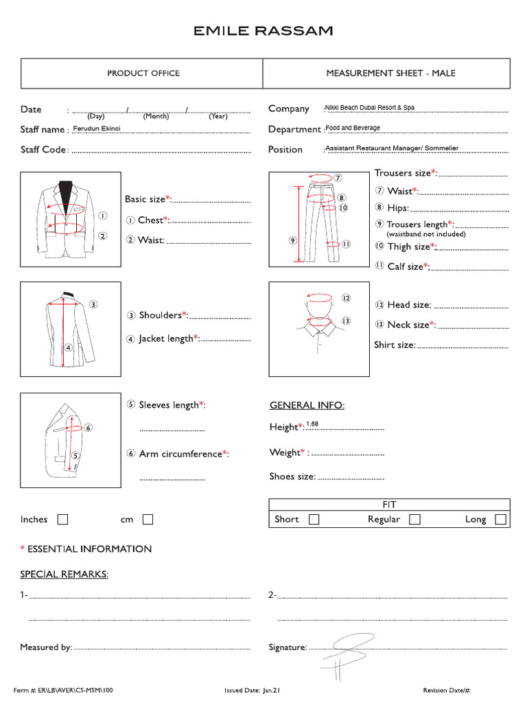 Measurement Sheet Male - 2022 | PDF