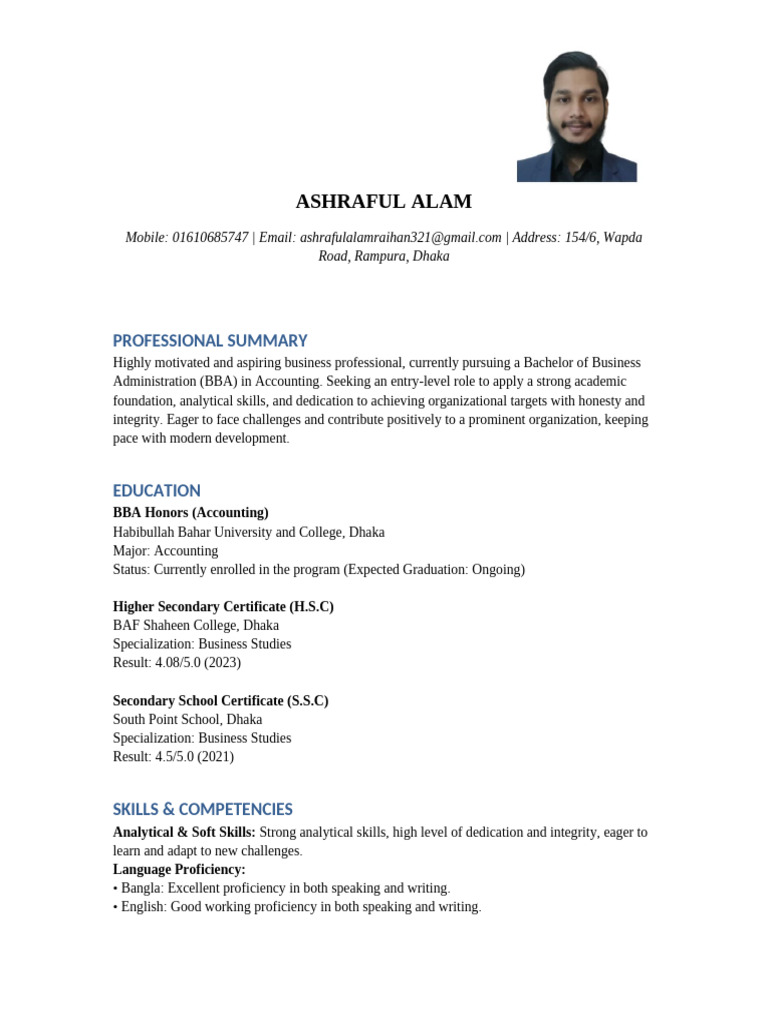 ASHRAFUL ALAM Classic Formal CV With Image | PDF
