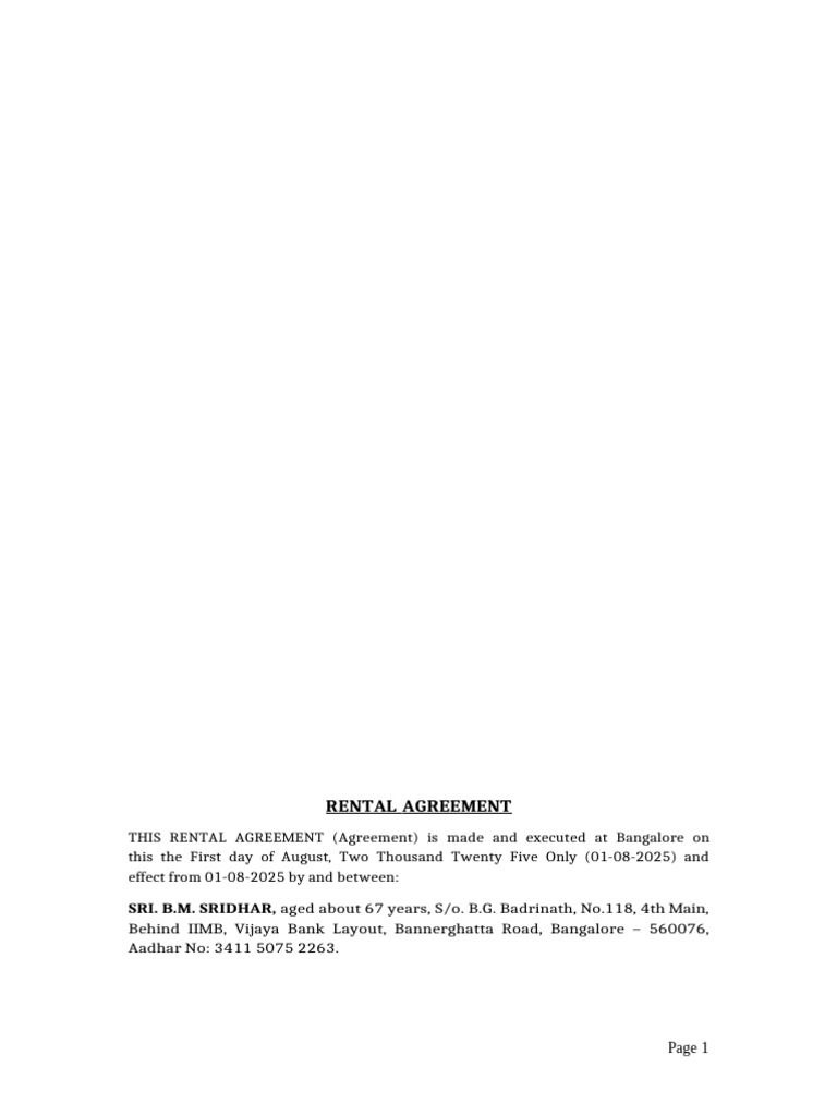 RENTAL AGREEMENT Mythreyi Naimisha B M SRIDHAR 1ST AUGUST 2025 | PDF ...